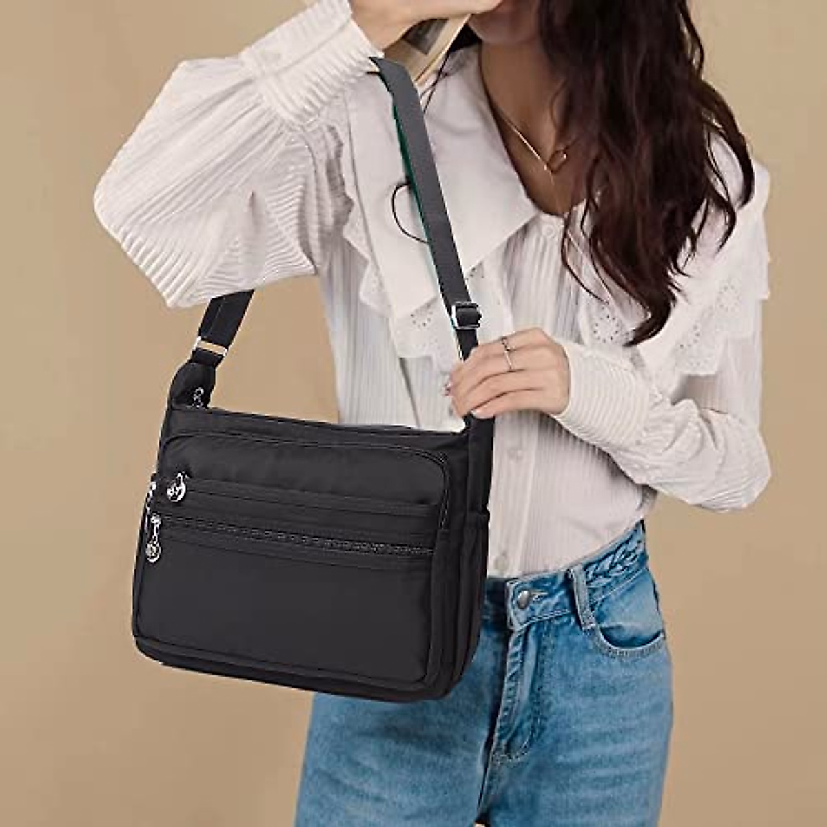 Beejirm Nylon Purses for Women Purse with Pockets and Compartments Purses with Lots of Pockets Multi Pocket Casual Crossbody Bag (Black)