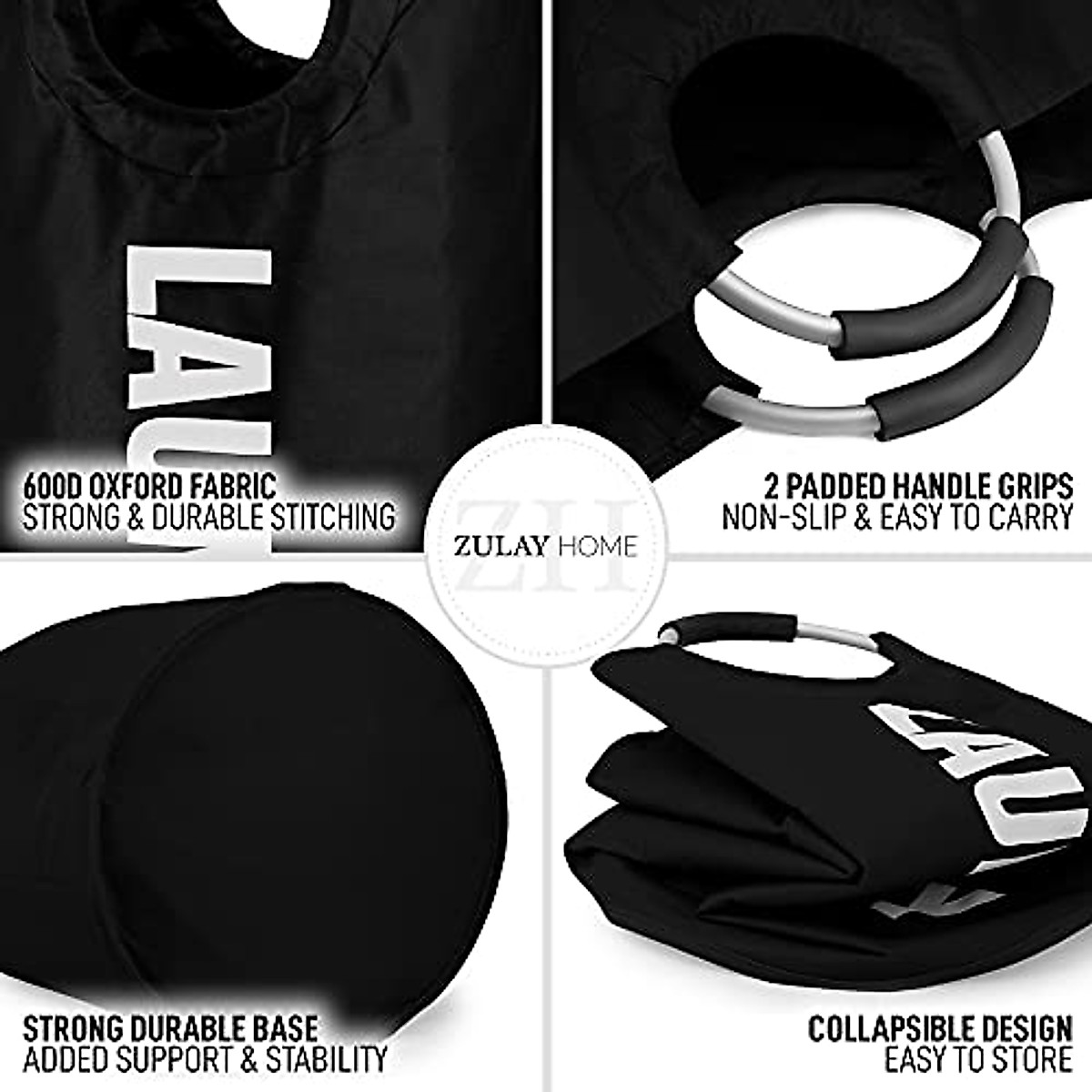 Zulay Home 82L Large Heavy Duty Laundry Basket Collapsible - Non-Slip Padded Laundry Bag With Handles - Waterproof Collapsible Laundry Baskets & Laundry Hampers For Bedroom, Dorm, Travel (Black)