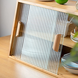 HollyHOME Small Bamboo Kitchen Pantry Sideboard with 2 Sliding Striped Glass Doors, Freestanding Countertop Storage Cabinet for Bottles, Dish, Bowl, Console Dining Cupboard, Burlywood