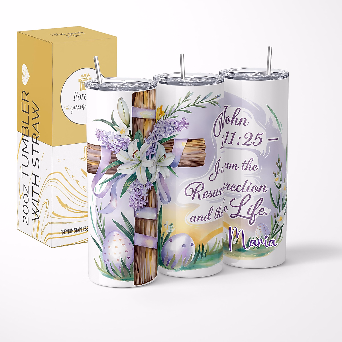 Custom Easter John 11:25 Tumbler | Personalized Easters Insulated Travel Mug | Spring Design with Name (John 11:25)