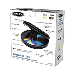 Jensen CD-65 Portable Personal CD Player CD/MP3 Player + Digital AM/FM Radio + with LCD Display Bass Boost 60-Second Anti Skip CD R/RW/Compatible Sport Earbuds Included (Black Limited Edition Series)