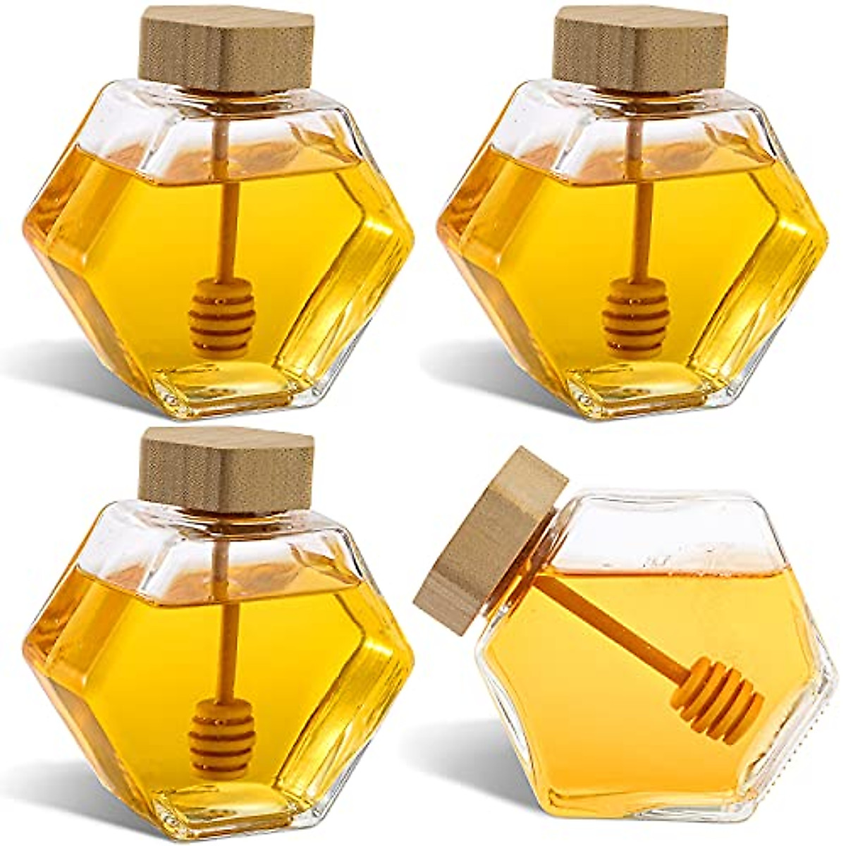 DEAYOU 4 Pack 7 Oz Honey Pot Jars, Glass Honey Pot with Wooden Dipper and Cork Lid, Hexagon Shape Honey Container Dispenser Storage, Clear Heat-Resistant Honeypot for Home, Kitchen