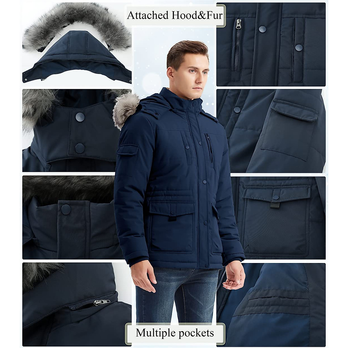 GGleaf Men's Winter Parka Jacket Hooded Thickened Padded Heavyweight Warm Coat with Detachable Fur Hood Navy XL