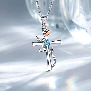 AM ANNIS MUNN Cross Necklace for Women, 925 Sterling Silver Birthstone Necklace for Women Rose Flower Birthstone Womens Jewelry Birthday Gifts for Women