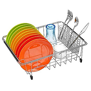 SANNO Dish Drying Rack with Stainless Steel Utensil Holder Expandable Dish Rack Drainer Sink Dish Rack, Deep Large Dish Drainer Dish Rack in Sink On Counter