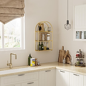 Crofy Gold Arched Frame Wall Shelf, Decorative 3 Tier Bathroom Wall Shelf with Walnut Finish Shelves and Robust Storage Capacity, 6" D x 17.9" W x 28.57" H