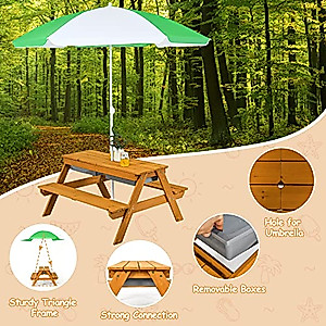 HONEY JOY Kids Picnic Table, 4 in 1 Cedar Wooden Sand & Water Table w/ 2 Removable Box & Umbrella, Kids Picnic Tables for Outdoors Backyard Garden, Toddler Patio Furniture Set for Boys Girls(Natural)