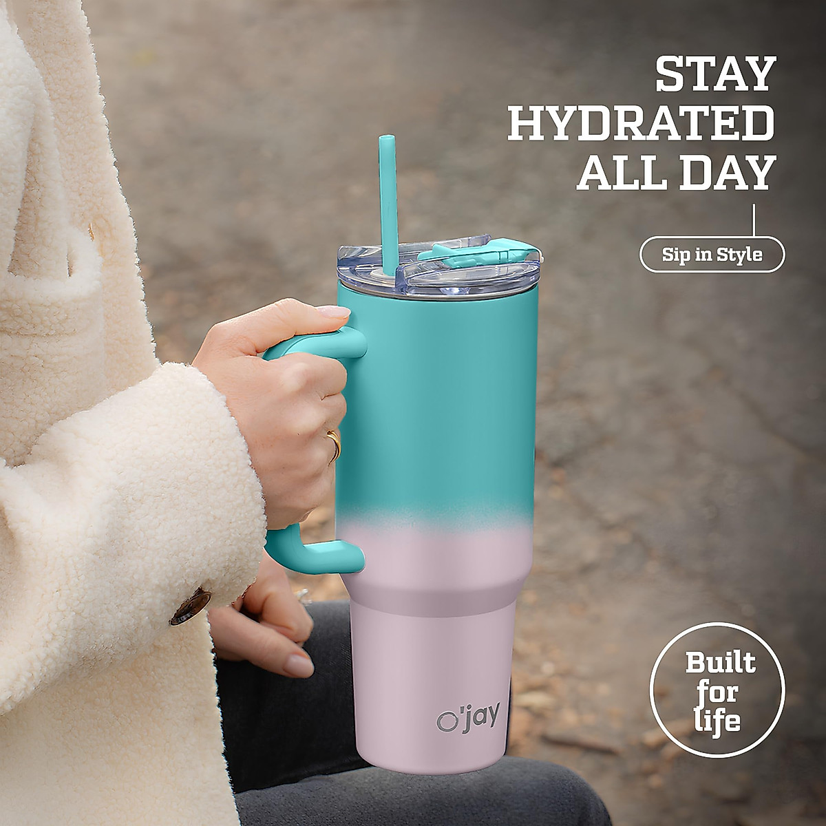 O'JAY 40oz Stainless Steel Insulated Travel Mug - Leak-Proof Straw Lid, Cupholder Friendly, Dreamy Green-Pink