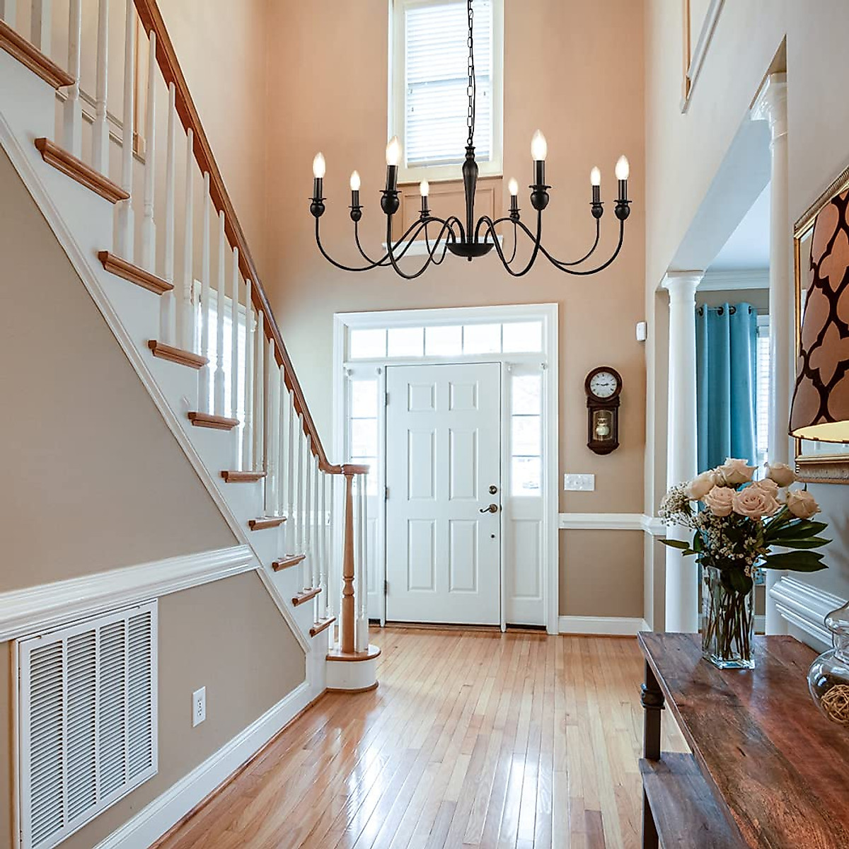 WBinDX Black Chandelier Farmhouse Dining Room Light Fixture, 8 Lights 36.6 Inch Rustic Industrial Iron Hanging Chandeliers for Entryway Foyer Living Room Bedroom