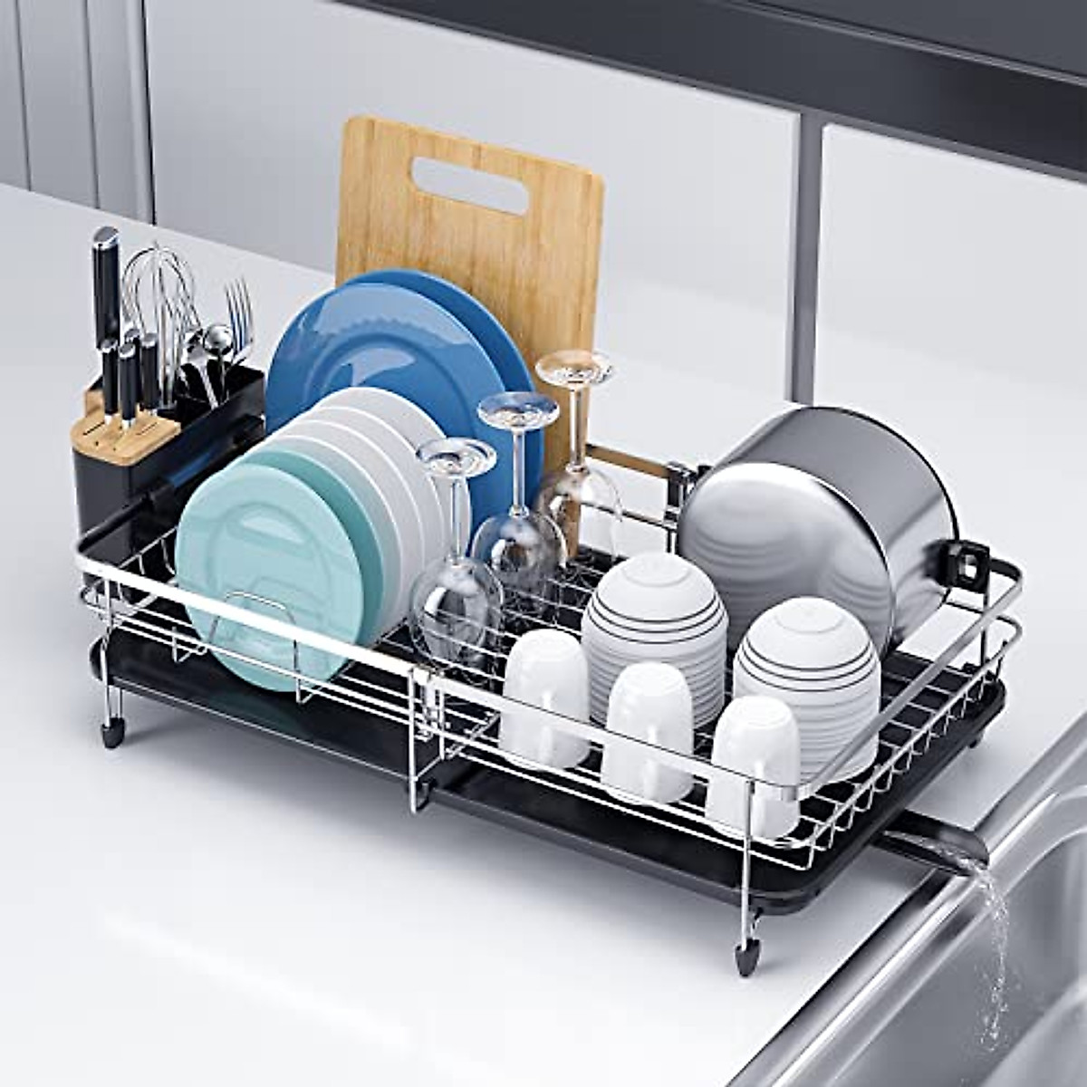 Dish Drying Rack, Dish Racks for Kitchen Counter, large dish drying rack with drainboard,dish drainers for kitchen counter, Anti-Rust Kitchen Drying Rack, Stainless steel expandable dish drying Rack