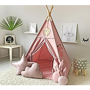 RONGFA Kids Teepee Tent with White Pom Pom - Indoor Play Teepee for Children Boys Portable Play House (Pink)