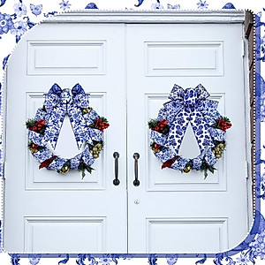 Lyrow 6 Rolls Christmas Chinoiserie Ribbon White and Blue Wired Edge Floral Ribbon Butterfly Flower Pattern Fabric Craft Wreath Bow Wrapping 2.52 Inches by 5 Yards