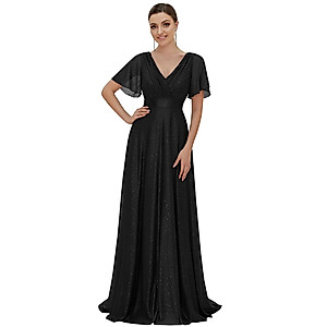 Ever-Pretty Womens Evening Dresses V Neck Short Sleeves A-line Glitter Formal Dresses Black US16