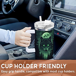 FOXCORNER Personalized Green Wolf Tumbler 40oz with Handle & Straw for Wolf Lovers, Wolfs Present for Men Women on Birthday Christmas, Custom Name Stainless Steel Travel Coffee Cup, Animal Lover Gifts
