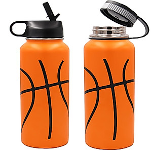 32 oz Basketball Water Bottle, Wide Mouth Thermo Flask with 2 Lids, BPA Free Stainless Steel Double Wall Vacuum Insulated Sports Water Bottles, Basketball Gifts for Boys Girls Player Coach