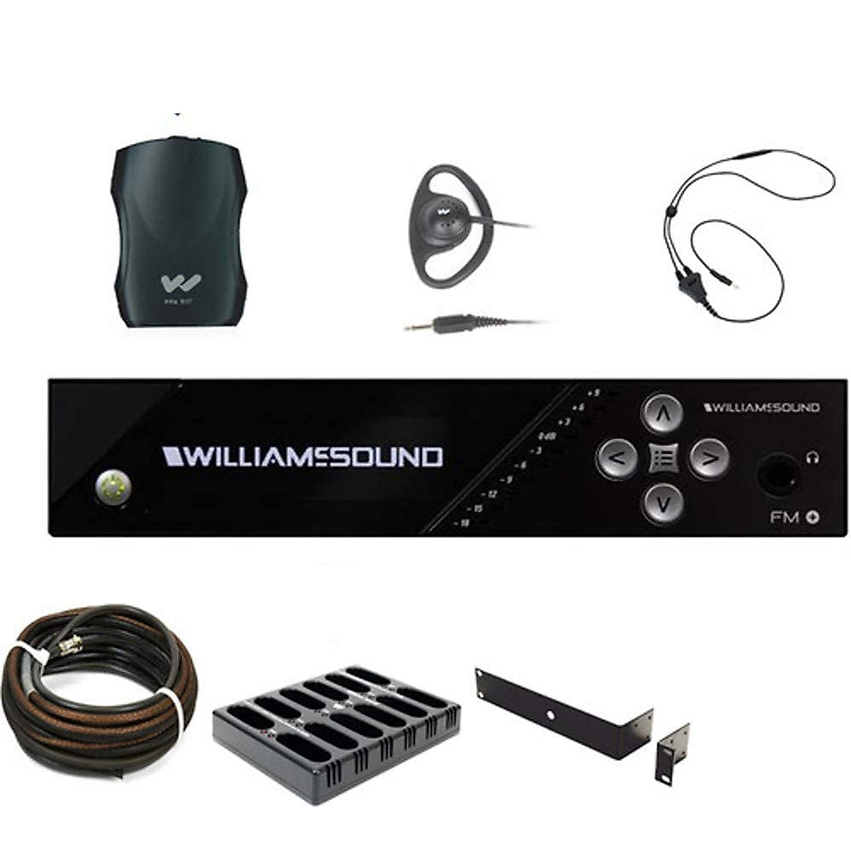Williams AV FM 557-12 PRO D Large-Area Dual FM Plus Assistive Listening Dante Systems with FM T55 Transmitter, (12) PPA R37N Receivers, (12) EAR 022 Earphones, (3) NKL 001 Neckloops