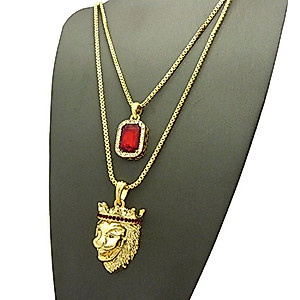 Gold Tone Micro Colorful Gemstone King Crown Lion Head Pendant 2mm 24", 30" Box Chain 2 Necklace Set (Gold + Red)