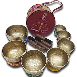 Khusi Tibetan singing bowls chakra sets, hand carved buddha mantra and symbol, sets of seven divine sound bowl.