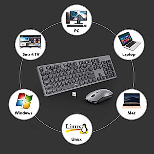 Wireless Keyboard and Mouse Silent Compact Full-Size Keyboard with Responsive Keys Slim Design Noiseless 2.4G Keyboard Mouse Set Battery Powered, Cordless Combo for Mac, Computer, PC, Chromebook Grey