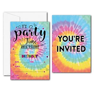 Disfuco Tie Dye Birthday Party Invitations - Tie Dye Party Supplies - Fill in The Blank Birthday Party Invites - 20 Invitation Cards With 20 Envelopes (007A)