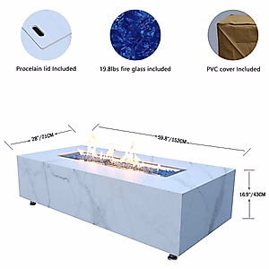 ELEMENTI Outdoor Fire Table 45,000 BTUs Natural Gas Firepit Patio Coffee Table Furniture, Backyard Fireplace Marble Porcelain Rectangle Fire Pit, 17Inch-High (White)