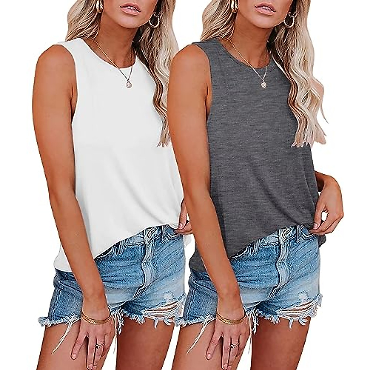 KKJ 2 Pack Womens Tank Tops Crew Neck Sleeveless Summer Cute Tops Loose Fit Basic Workout Casual Shirts 2024 Fashion Clothes