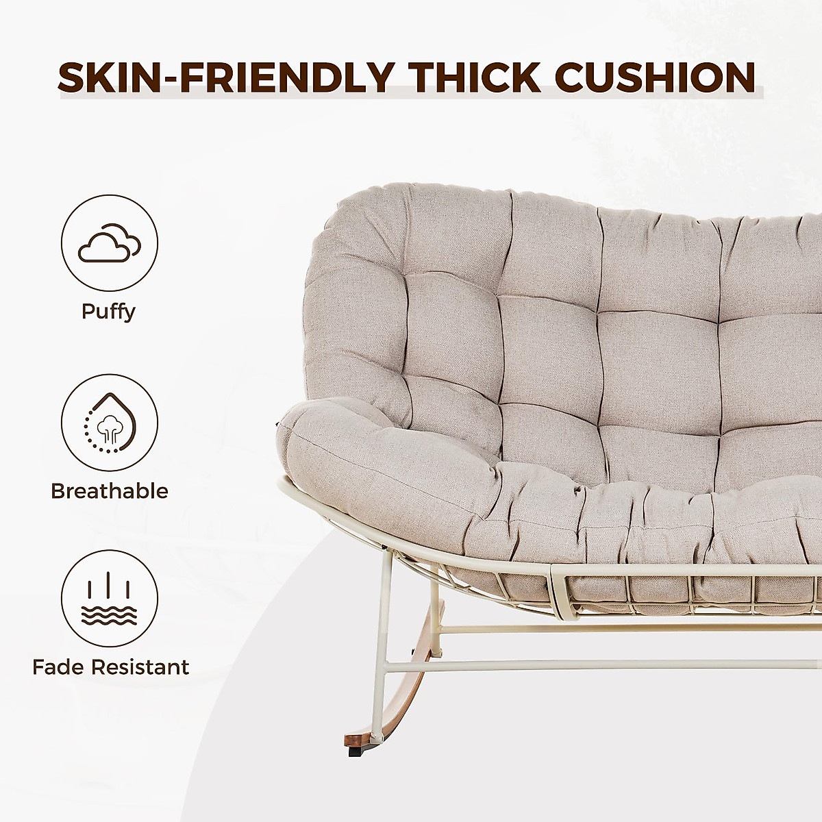 Grand patio Rocking Chair Outdoor, Oversized Papasan Rocking Chair for 2 with E-Coated Steel Frame and Thick Cushion, Comfy Rocking Loveseat for Patio Porch Deck, Apricot