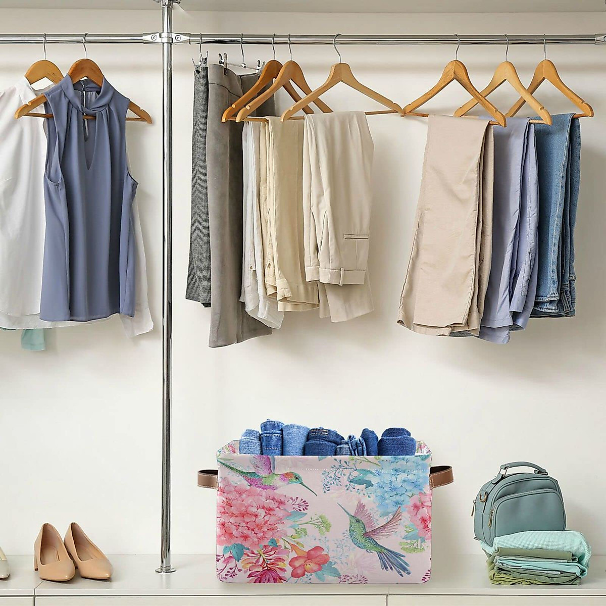 Kigai Flowers Hummingbirds Large Square Storage Basket Bin with Handles 1PCS,Foldable Multi Functional Closet Storage Box Shelf Basket for Storing Toys, Books and Clothes