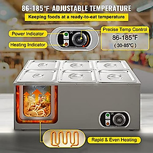 Commercial Food Warmer 6 Pan, Stainless Steel Bain Marie - 12.6 Qt Capacity, 1500W, Temperature Control, Electric Soup Warmer with Lids and Ladles