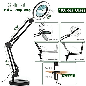 Qsky Magnifying Glass with Light and Stand, 10X Magnifying Lamp, 2-in-1 Desk Lamp with Clamp,3 Color Modes & Stepless Dimmable, LED Lighted Magnifier for Reading, Crafts, Repair Work (Black)
