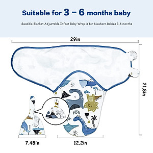 SEZUO Boys Swaddle Set, Large, 3pcs Wrap Blankets with 3pcs Baby Cotton Caps,3-6 Months (Doodle Dinosaur)