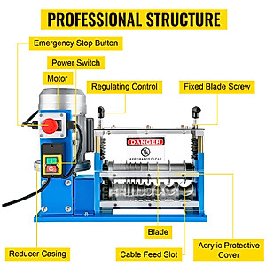 VEVOR Electric Wire Stripping Machine, 370W 0.06" - 1.5" Automatic Motorized Cable Stripper w/ 75 Feet/Minute Speed, 11 Channels 10 Blades Strip Machinery, Scrap Handling Tool for Recycling Copper