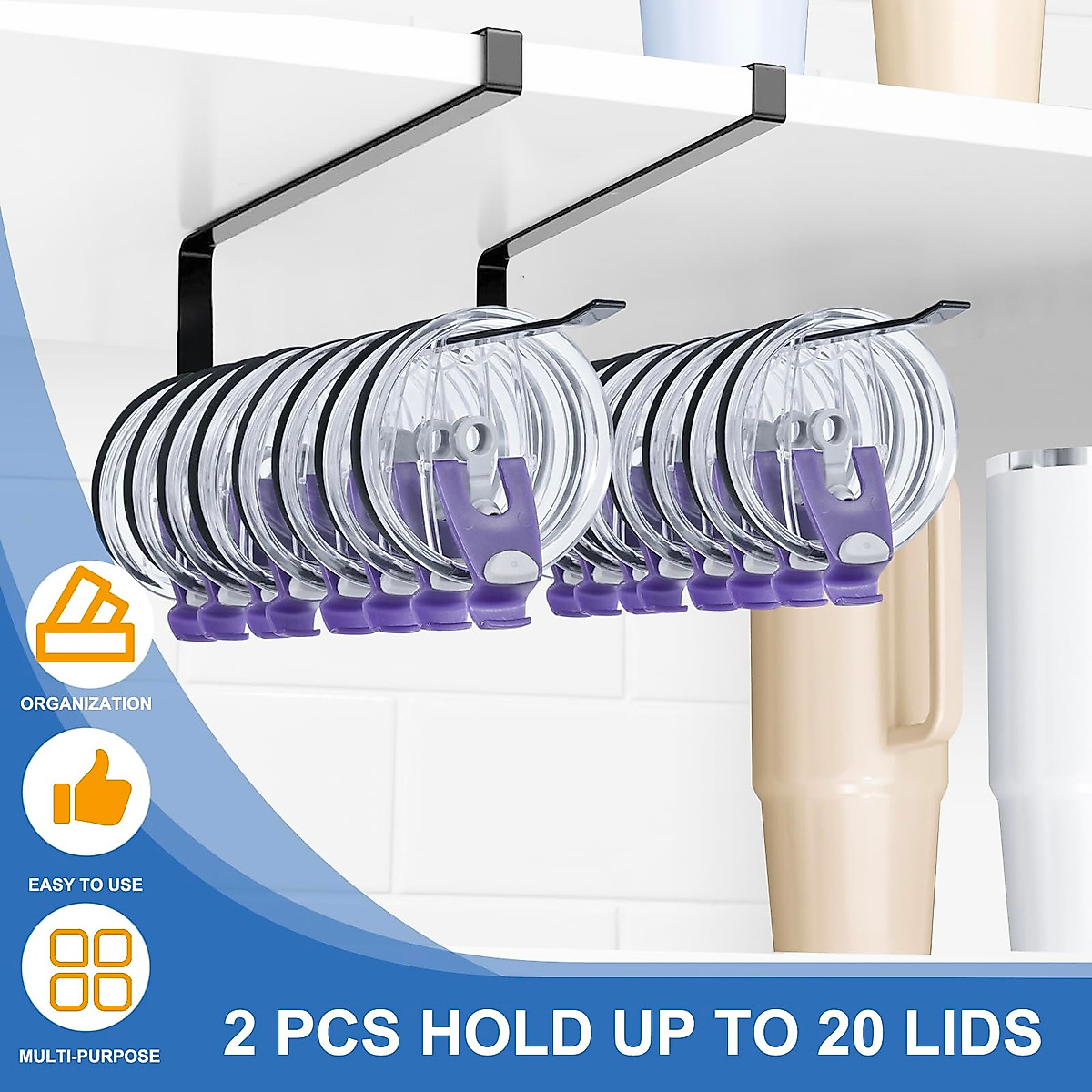 Xlajiao 2 Pack Tumbler Lid Organizer, Premium Tumbler Lid Storage Hook Up to 20 Lids, Space Saving Cup Lid Holders Under Cabinet Tumbler Lid Hook for Kitchen Organizer, No Adhesive No Drill (Black)