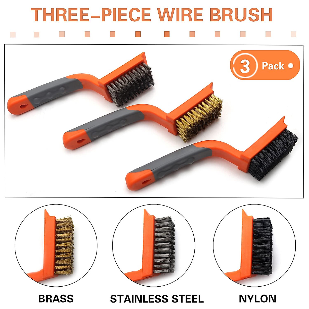 MAXMAN Wire Brush 3Pcs Brass/Stainless Steel/Nylon Wire Brushes for Cleaning Rust Bristle Brush Set with Rubber Curved Handle Grip Used for Dirt, Paint Remover (Orange+ Gray)