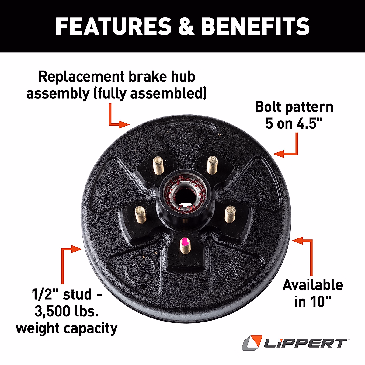 Lippert Replacement 10" Brake Hub Drum Assembly for RVs with 3,500 lb. Axle; 5 on 4.5" Bolt Pattern; 1/2" Studs; Fully Assembled with Bearing Cones, Seals, Grease, Limited 1-Year Warranty - 814200