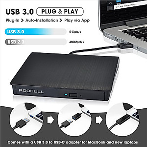 ROOFULL External CD/DVD Drive USB 3.0 Portable CD DVD Player Burner Reader Writer CD/DVD-ROM +/-RW Optical Disk Drive for Laptop PC Mac Windows 11/10/8/7 Linux Computer with Carrying Case