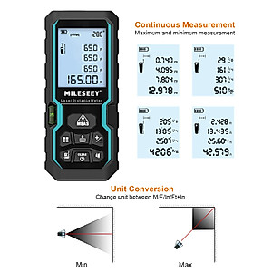 Laser Measure with Digital Angle Display, Mileseey by RockSeed 165 Feet with Electronic Level Control,M/in/Ft Unit Switching Backlit LCD and Pythagorean Mode, Measure Distance, Area, Volume