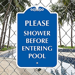 SmartSign Designer “Please Shower Before Entering Pool” Sign, 18 x 12 inch Pool Rule Sign, 120 mil Aluminum Composite (ACM) with Overcoat, Blue/White, Made in USA