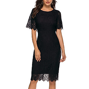 MEROKEETY Women's Short Sleeve Lace Floral Cocktail Dress Crew Neck Knee Length for Party, ShortBlack, Medium