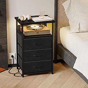 Fixwal Night Stand with Charging Station, LED Nightstand with U-S-B Ports and Outlets, 3 Fabric Storage Drawers with PU Finish, Bedside Table, Black