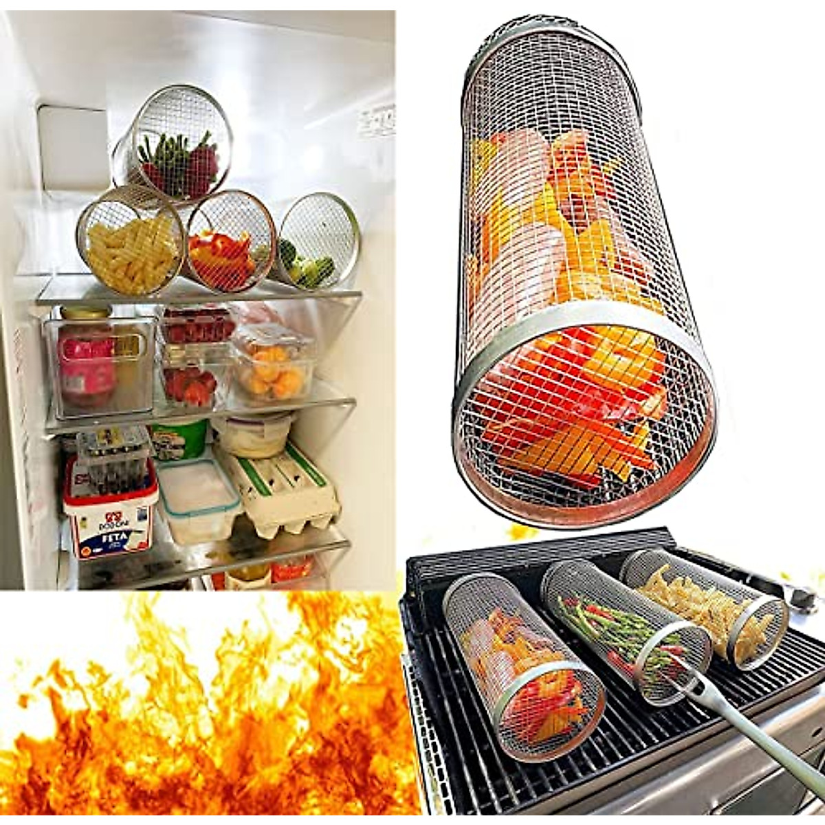 Rolling Grilling Basket - Rolling Grilling Basket for Outdoor Grilling, Round Stainless Steel Grilling Mesh, Camping Grill for Grilling Meat, Vegetables, Chips, Fish - Multipurpose Grilling Accessories (1 Piece)