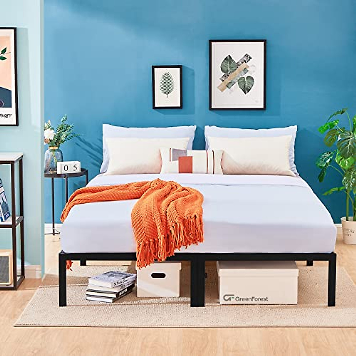 GreenForest Queen Size Bed Frame Easy Quick Assembly Metal Platform, Heavy Duty Mattress Foundation with Steel Slat, No Box Spring Needed