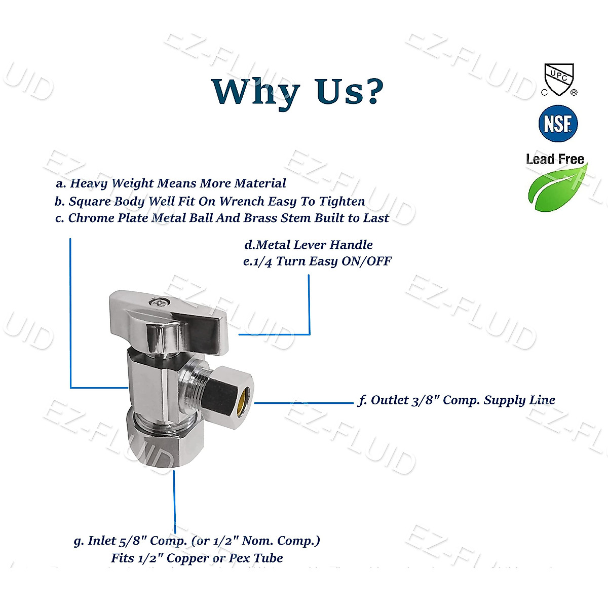 10Pcs EZ-Fluid Heavy Duty 1/2" Nom. Comp (5/8" OD Comp) x 3/8" OD Comp Squared Body Angle Stop Valve,1/4 Turn Handle,Chrome Brass Water Shut Off Ball Valve for Water Pipes,Faucet,Toilet, Sink
