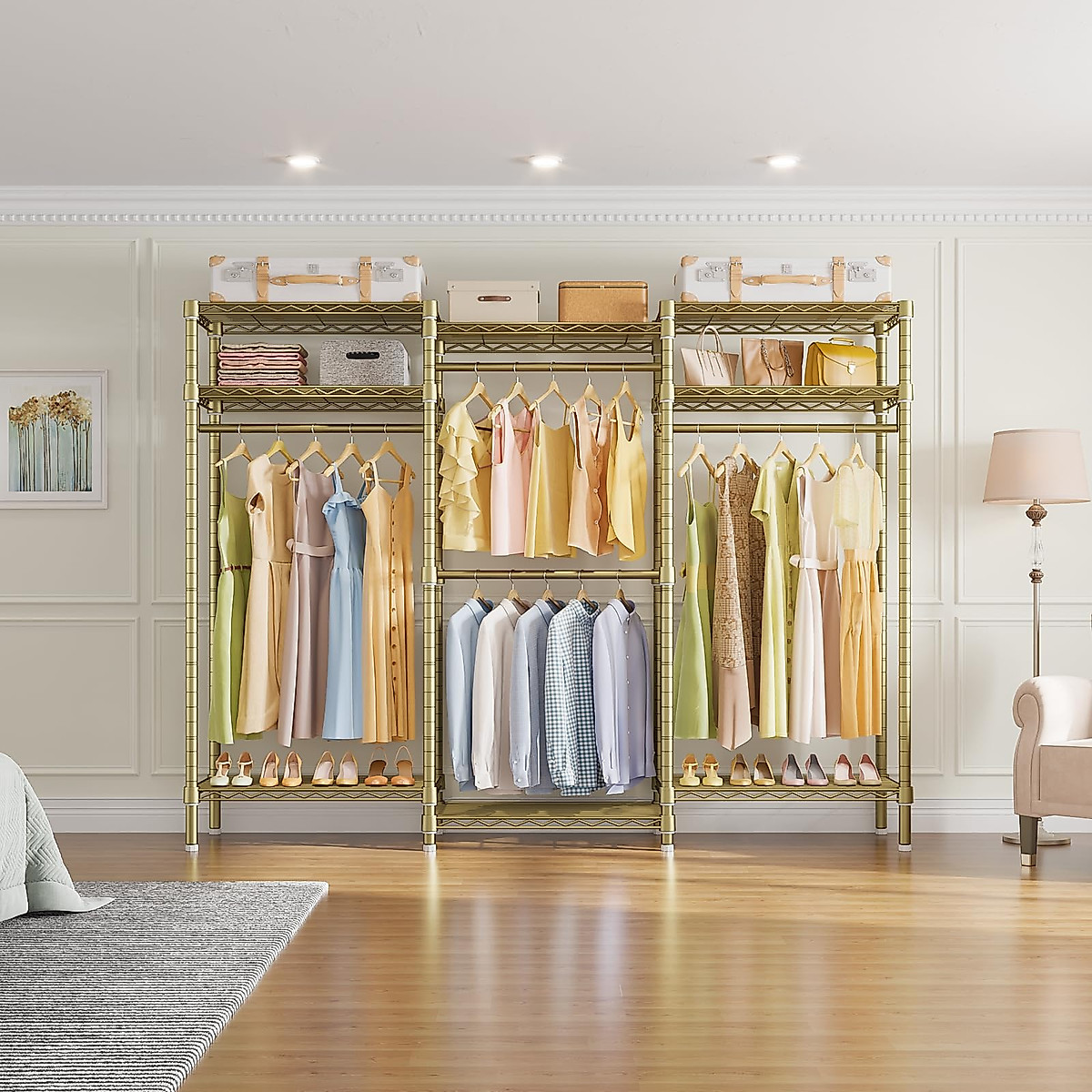 VIPEK V5i Garment Rack Heavy Duty Clothes Rack, Portable Closet Wardrobe Bedroom Armoires Freestanding Clothing Rack with 8 Adjustable Shelves & 4 Hang Rods, 68.9" L x 15.7" W x 76.4" H, Gold