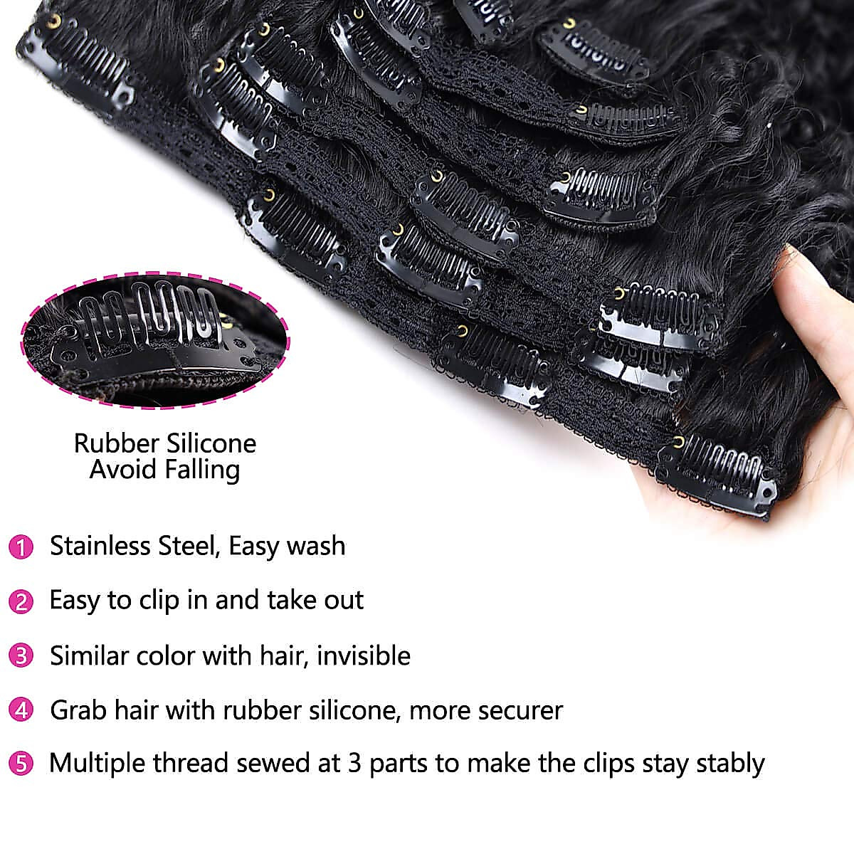 BHF 26 inch Kinky Curly Clip In Hair Extensions, Double Weft Full Head Japanese Heat Resistance Fiber 140g Synthetic Curly Hair Extensions For Women 7pieces (#1B)