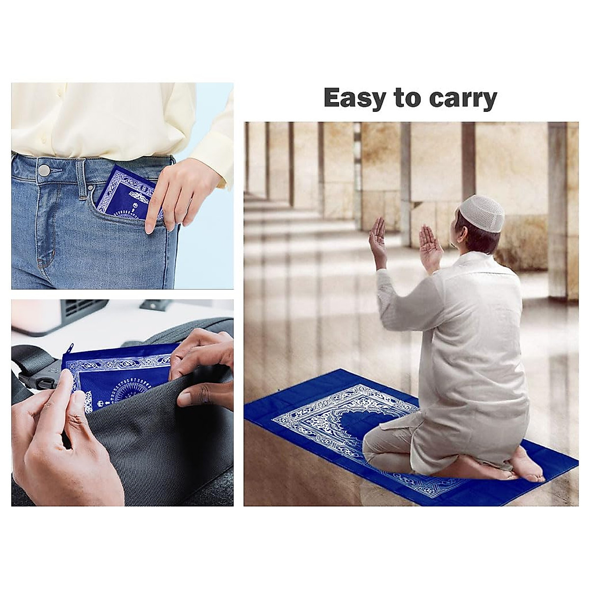 Abiyou 1 Piece Prayer Mat, Musilm Prayer Mat, Polyester Prayer Rug, Portable Travel Prayer Mat, Travel Prayer Rug with Compass, for Muslim Prayer, Ramadan(Blue, 60CMx100CM)