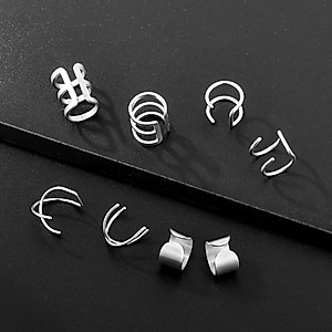 Tornito 4-10 Pairs Stainless Steel Ear Cuff Helix Cartilage Clip On Wrap Earrings Fake Nose Ring Non-Piercing Adjustable (A4: 4 Pairs, Silver Tone)