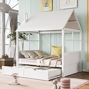 BIADNBZ Full Size House Bed with Twin Trundle, Wooden Platform BedFrame Daybed w/Roof&Window for Kids Boys Girls Bedroom, White