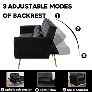 DANNRATCH 2 Pieces Velvet Sofa Set Convertible Sleeper Sofa Tufted Couch Bed with Adjustable Armrests and Backrest, Modern Loveseat Sleeper Bed with 2 Bolster Pillows for Living Room, Bedroom, Black