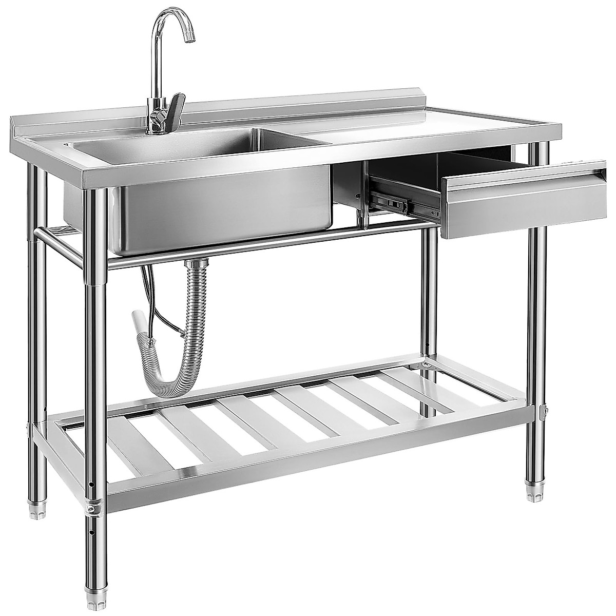 YORKING Stainless Steel Utility Sink, Free Standing Single Bowl Kitchen Sink with Cold and Hot Water Pipe for for Laundry Room Farmhouse Indoor and Outdoor Sink (47 inch)